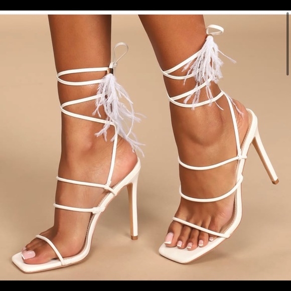 Lulus | Shoes | Majorine White Feather Laceup High Heel Sandals | Poshmark